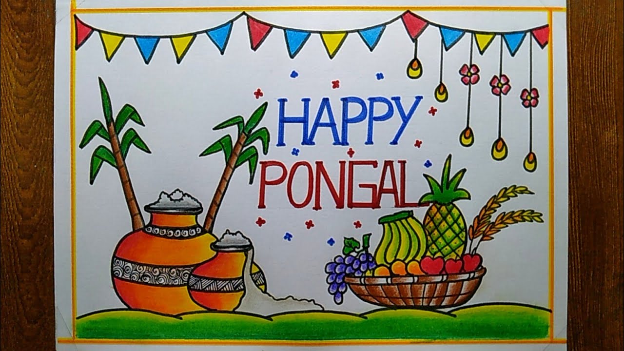 Happy Pongal Poster Drawing easy |Pongal Festival drawing|Step by step ...