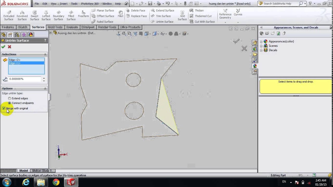 hướng dẫn lênh untrim surfaces trong solidworks - YouTube