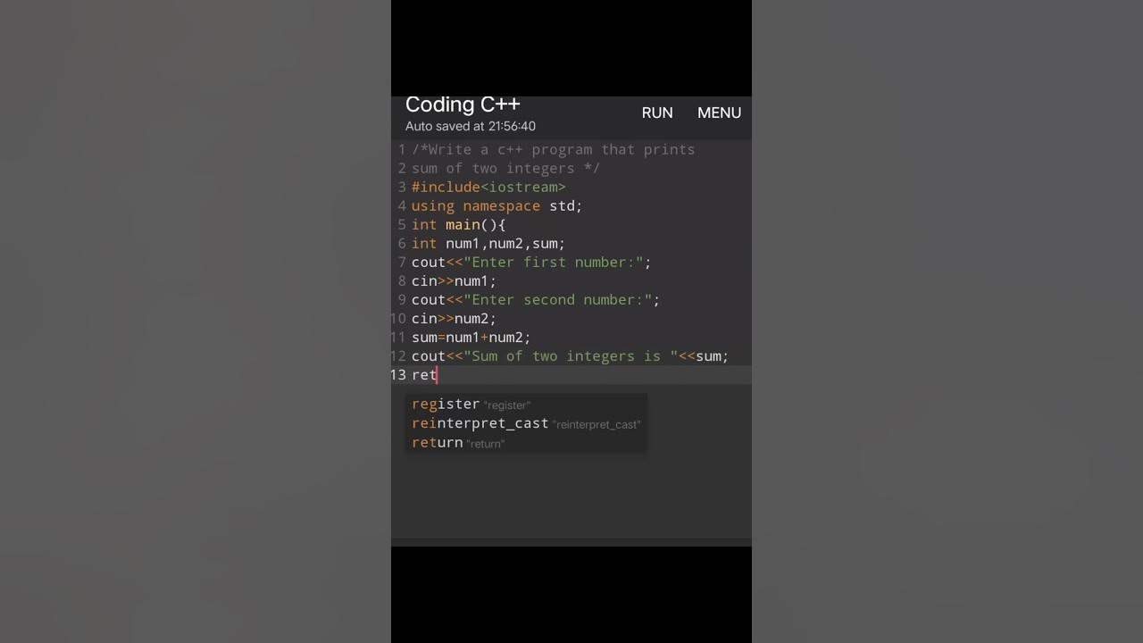 Sum of two integers in c++ | #shorts #c++ #codingzone #viralvideo - YouTube
