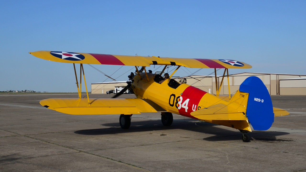 Boeing Stearman engine start and taxi - YouTube