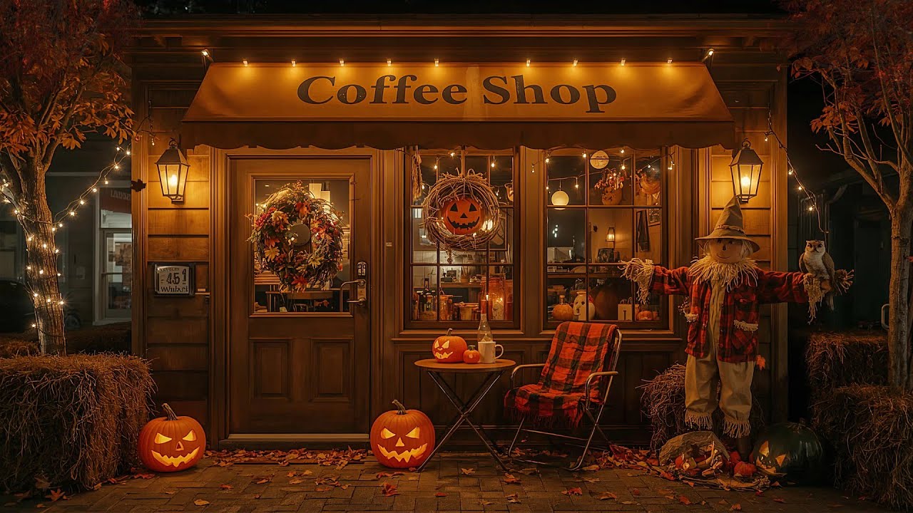 AUTUMN CAFE HALLOWEEN AMBIENCE | FALLING LEAVES | DARK JAZZ ...