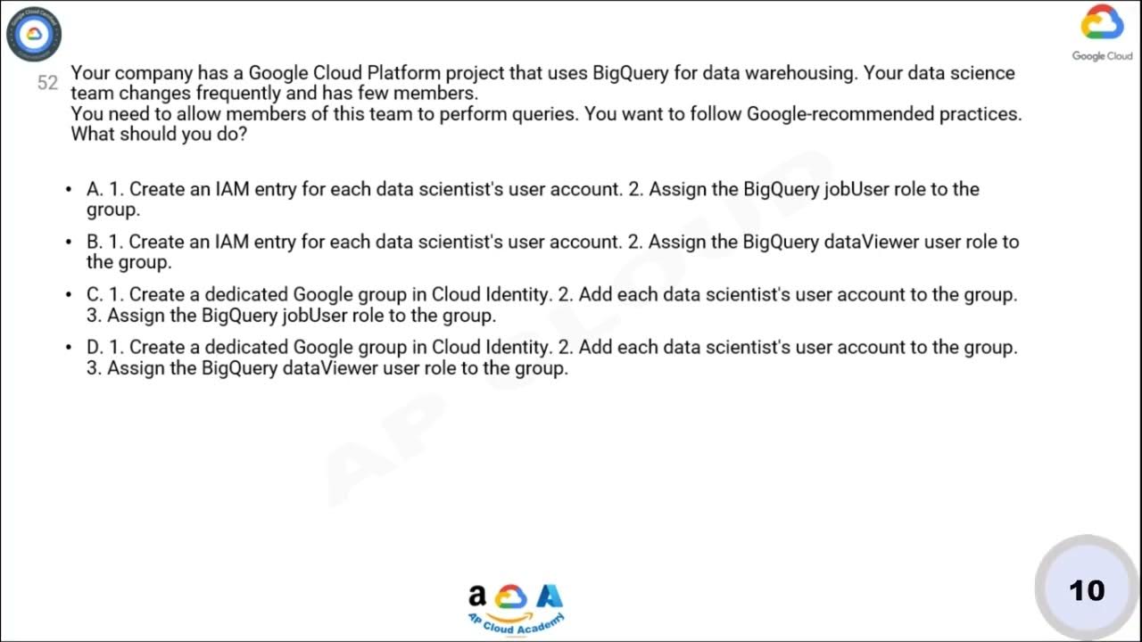 Q52. Your company has a Google Cloud Platform project that uses BigQuery for data warehousing ...