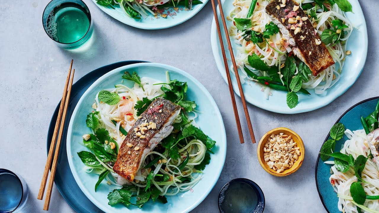 Crispy skin Humpty Doo Barramundi with green papaya and rice noodle ...