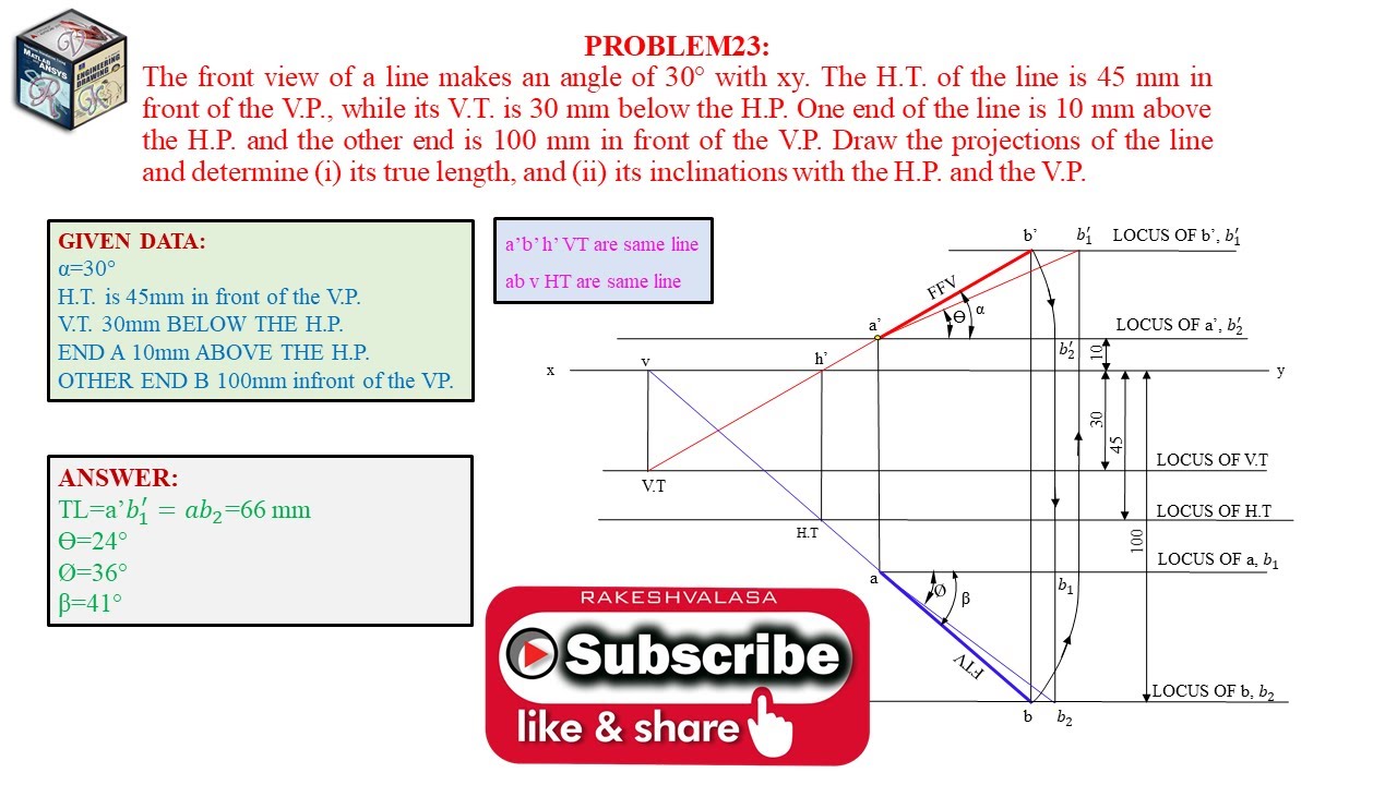 PROBLEM NO.23 |PROJECTIONS OF STRAIGHT LINES-2| |ENGINEERING DRAWING BY ...