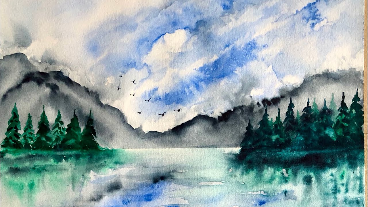 Aquarell EINFACH malen lernen Bergen Wald See Landschaft für Anfänger ...