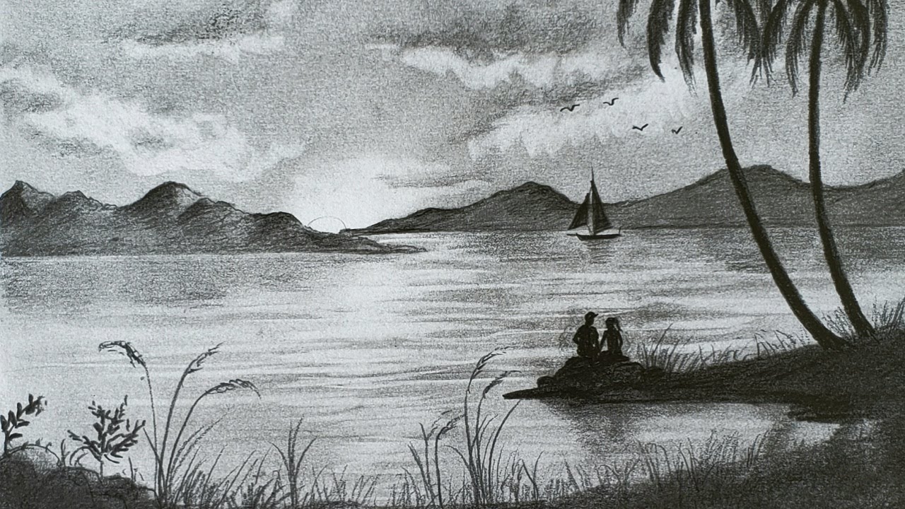 A Couple sitting together at sunset || Easy way pencil drawing - YouTube