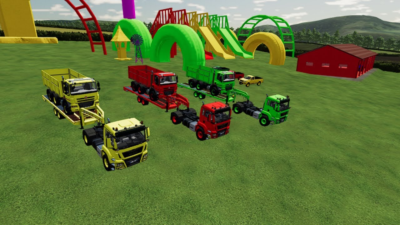 CARS OF COLORS ! TRANSPORTING TRAILER TRUCK AND TRUCK to PLAYGROUND ...