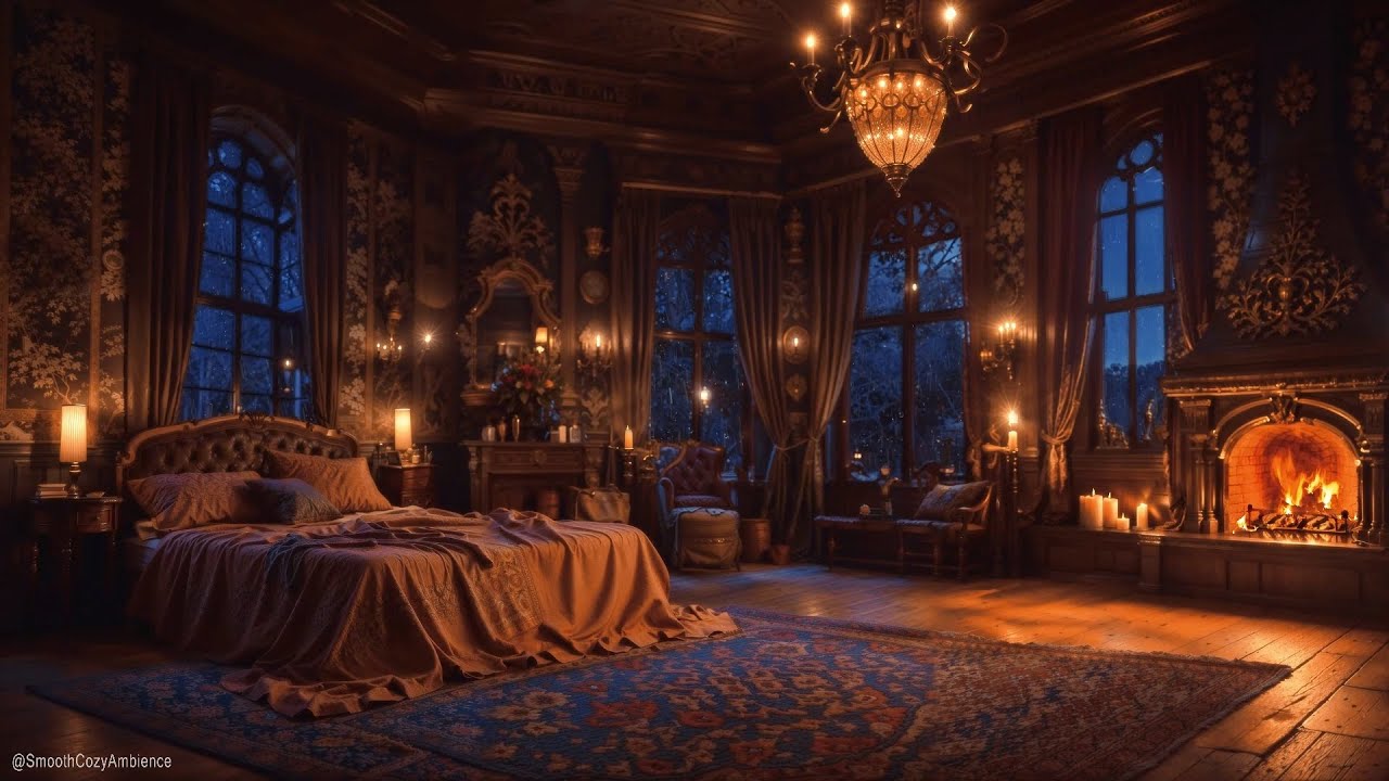 Nighttime Thunderstorm in a Cozy Castle Bedroom - Rain & Fireplace 8 ...