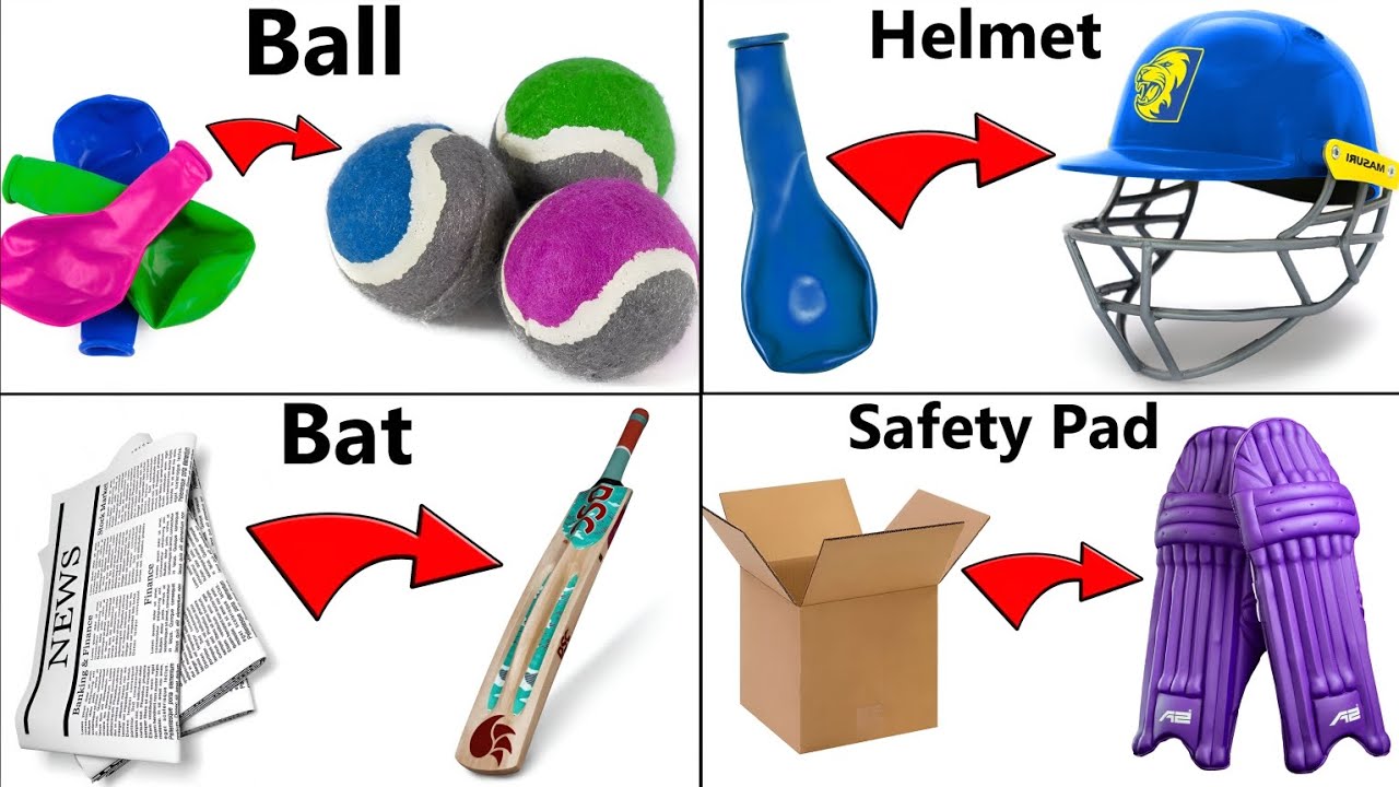 4 Easy Homemade Cricket Kits Making | bat, ball, helmet, pads making ...