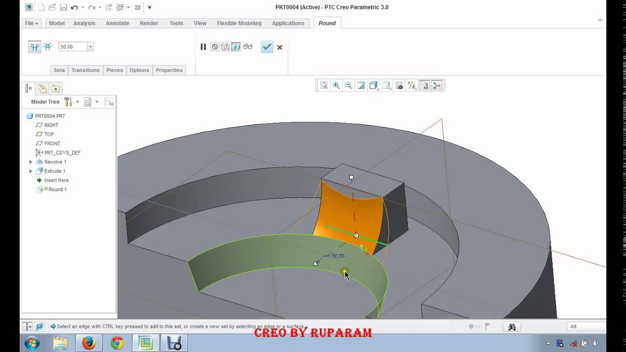 round in creo with extended surface - YouTube
