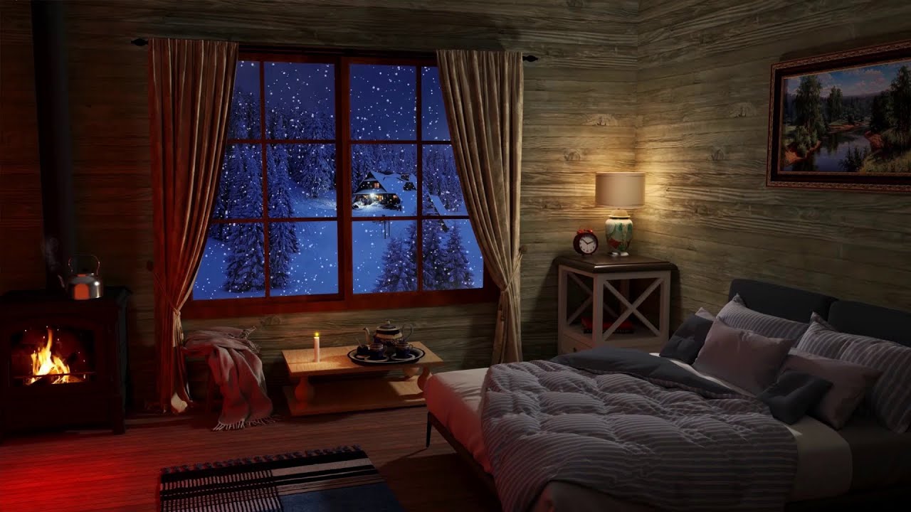 Cozy winter hut relaxing sounds of blizzards with strong wind and snow ...