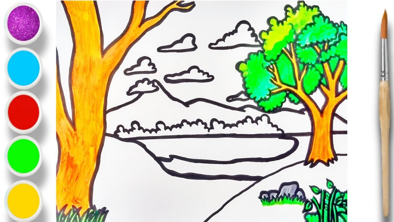Forest sunset landscape Drawing, Painting and Colouring for beginners ...