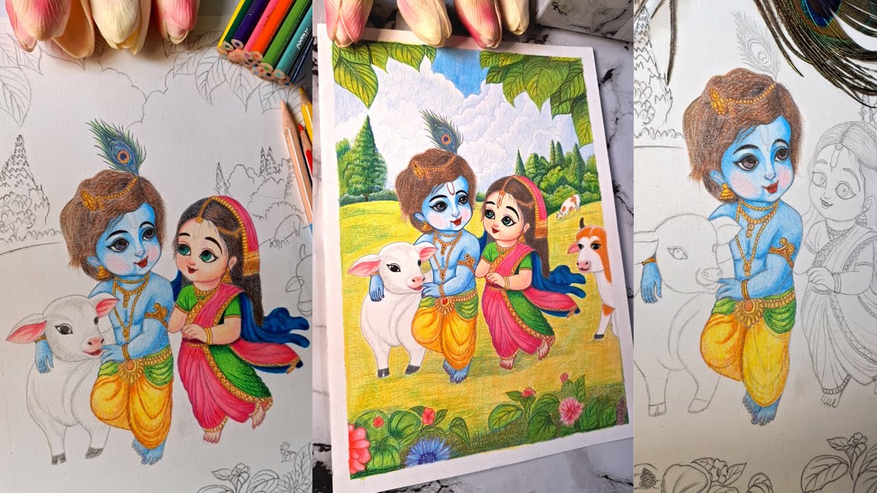 Krishna Janmashtami Drawing part 3 || Krishna Drawing easy step by step ...