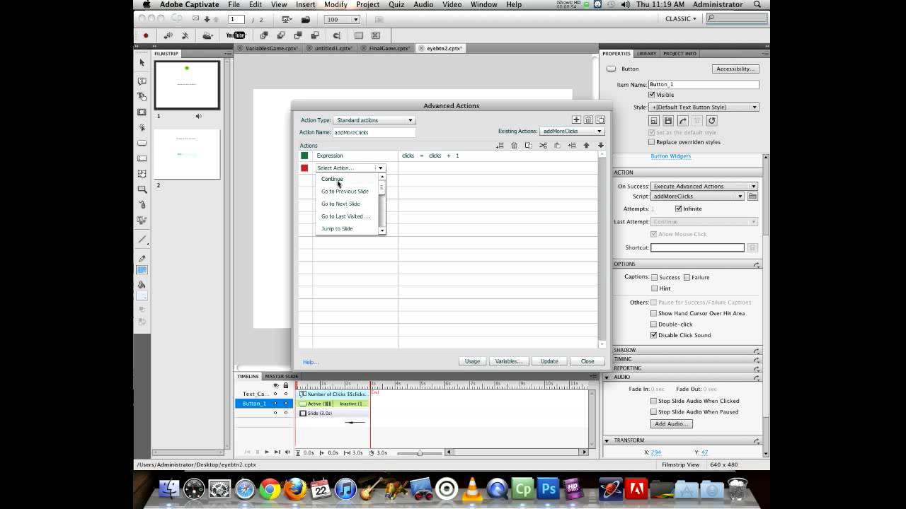 Captivate custom buttons and basic variables and actions - YouTube