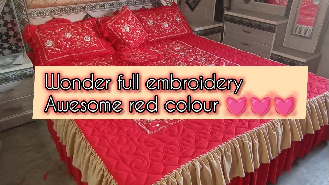 red colour beautiful embroidered bedsheet set bridal bedsheet set - YouTube