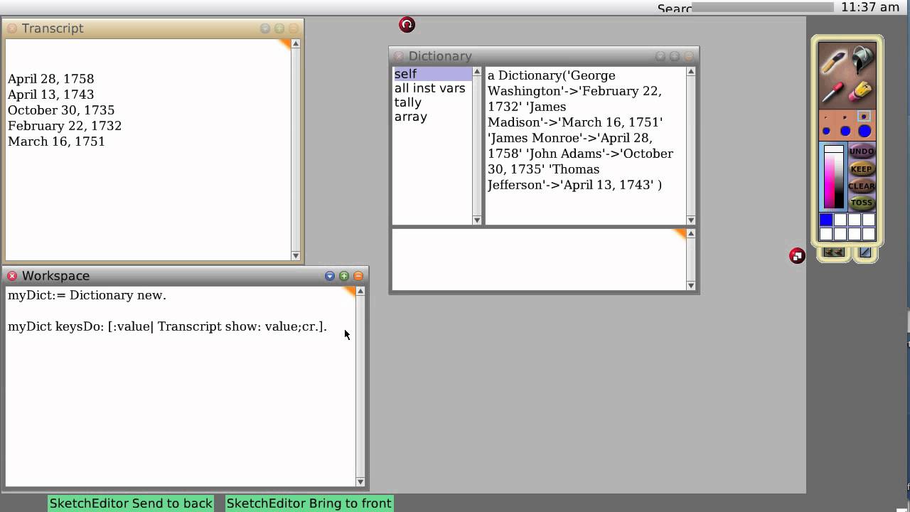 Squeak Smalltalk Tutorial More About Dictionaries 0008mov Youtube