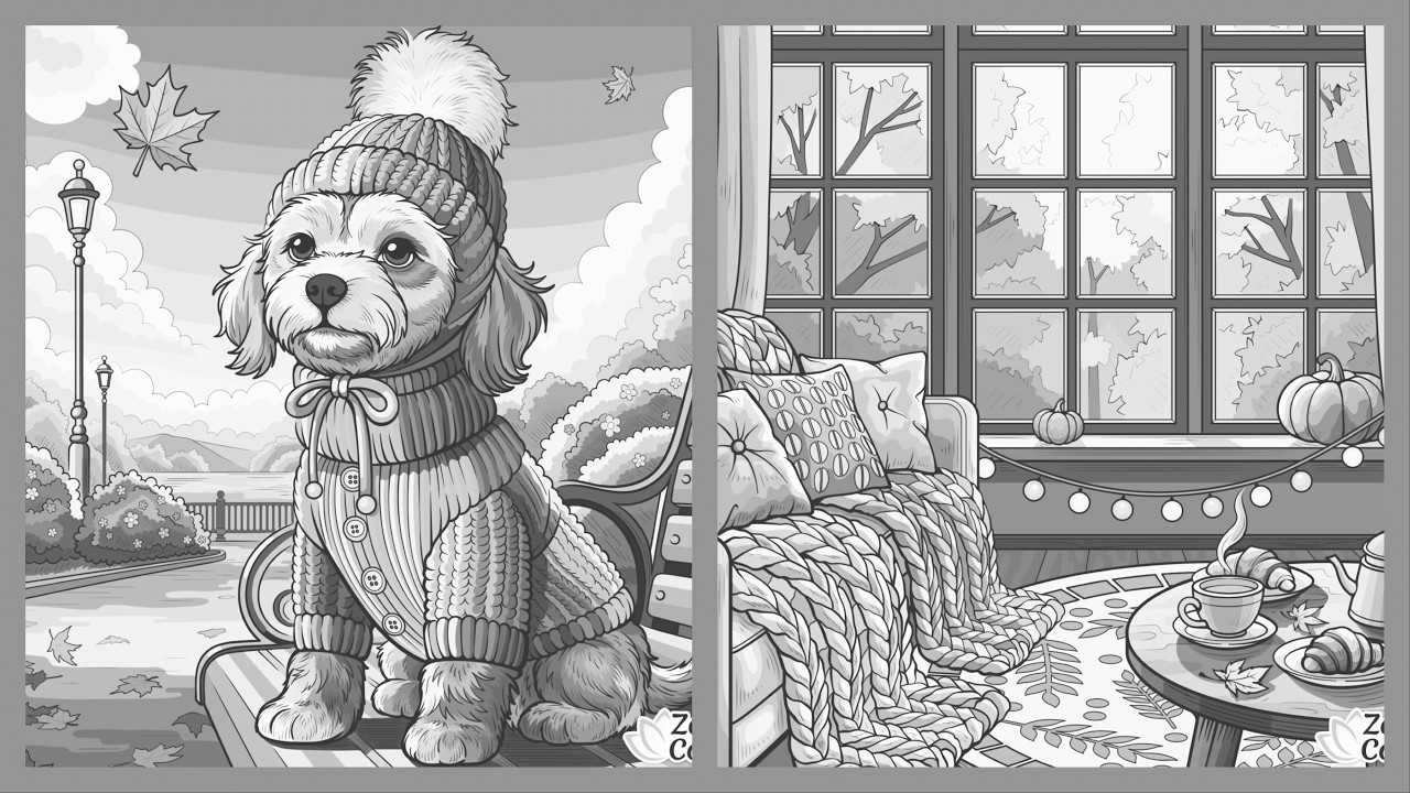 Color by Number Fall Pup on Bench & Cozy Living Room Calm Zen Color app ...
