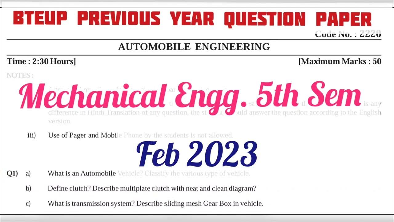 BTEUP 5th Sem Mechanical Engg. । Automobile Engineering Previous Year Question Paper - YouTube