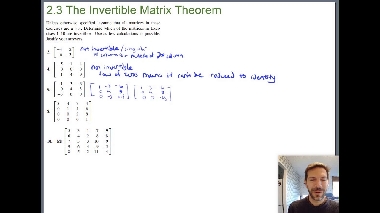 Invertible Matrix Theorem homework examples (Math 204 Section 2.3 video ...