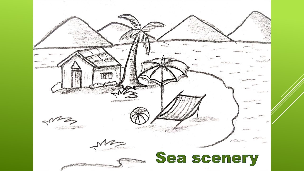 How to draw a scenery of sea beach | How to draw a scenery of sea beach ...