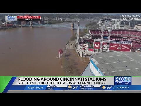 Drone footage from Ohio sheriff's office shows flooding around Cincinnati stadiums