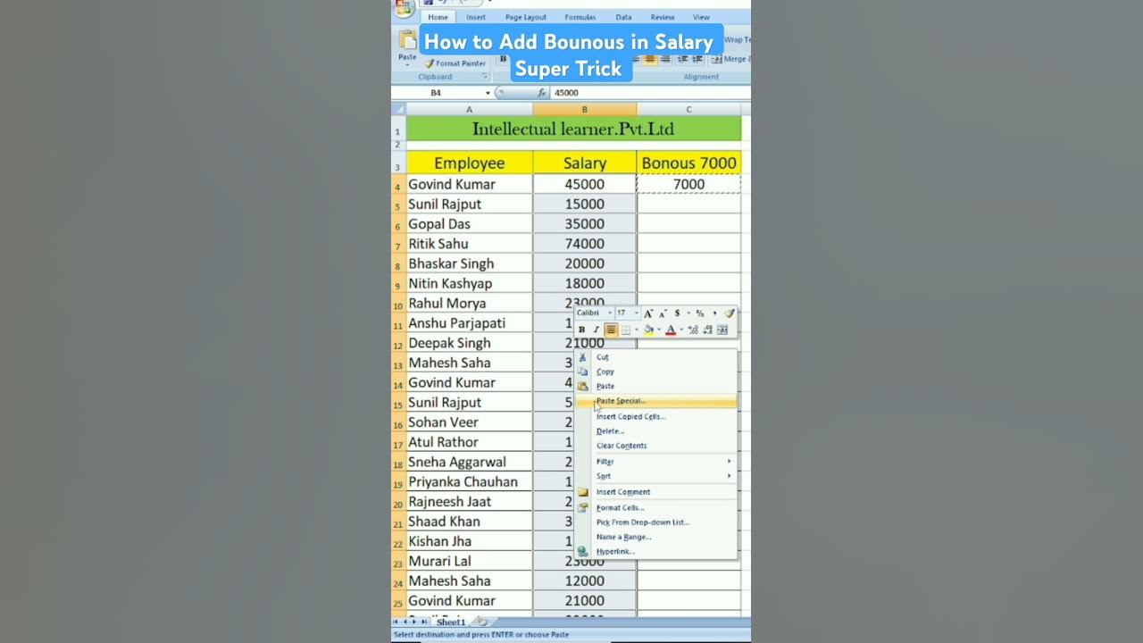 How to Add Bonus in Salary 😎 ||Advance Excel 💯 ||#shorts #excel #exceltips #exceltutorial # ...