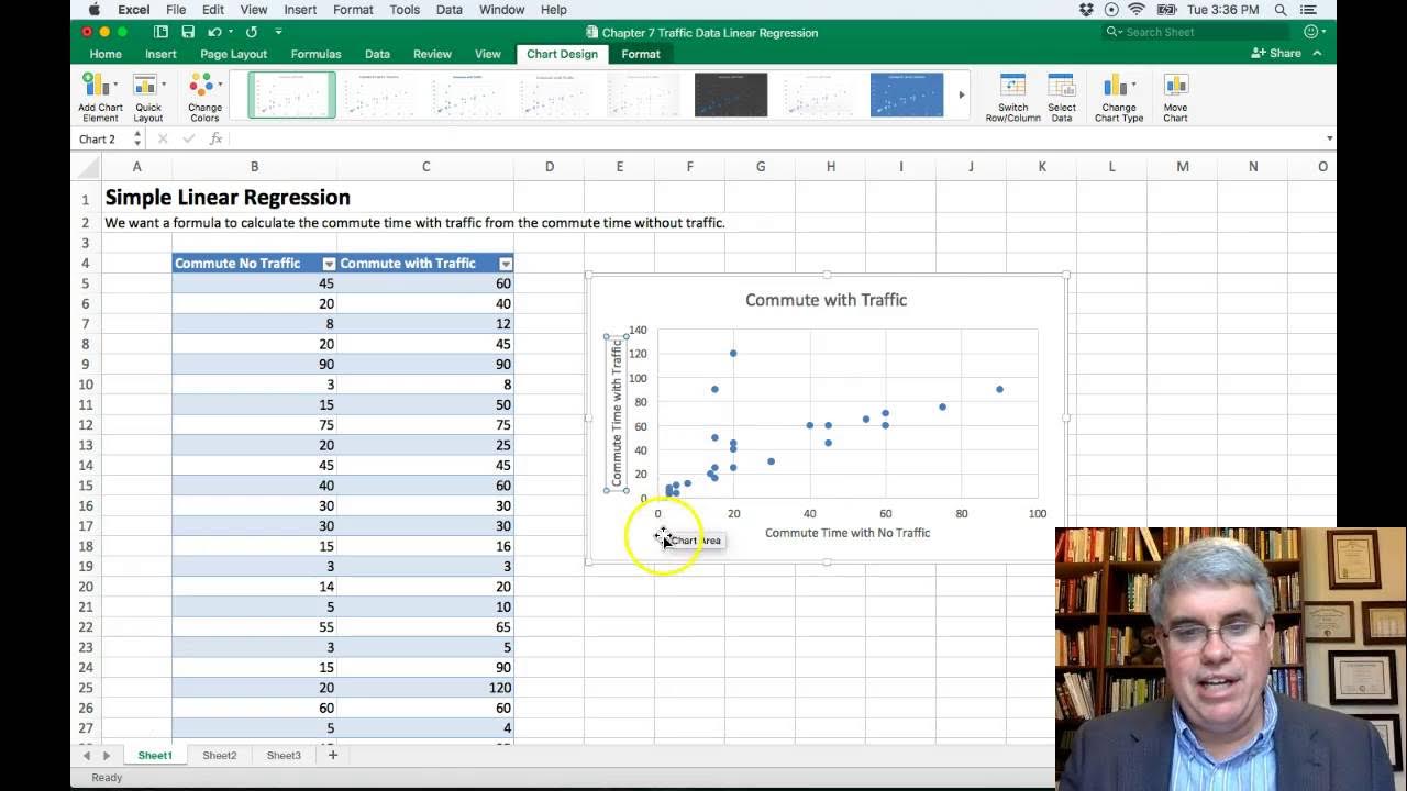 How to do Simple Linear Regression in Excel 2016 for Mac (Commute Time Ex) - YouTube