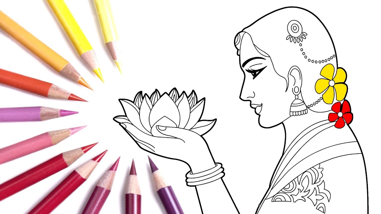 Drawing of Women holding Lotus - Step by Step | How to Draw a Women ...