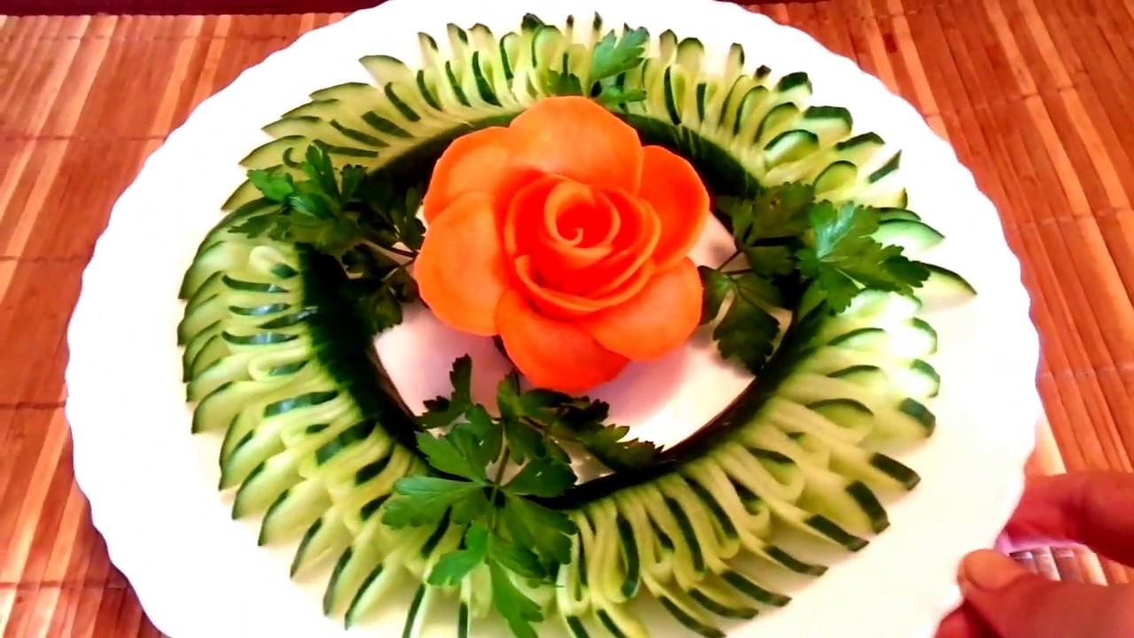 HOW TO MAKE CUCUMBER GARNISH DESIGN - CARROT ROSE & VEGETABLES CARVING ...