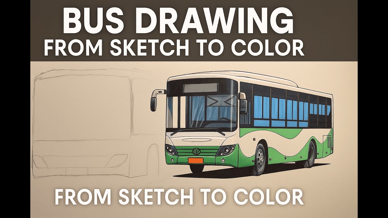 City Bus Drawing From Simple Sketch to Realistic Green Transport Art ...