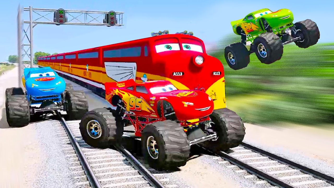 Monster Trucks Lightning McQueen chasing Trev the Train - Big Wheels ...