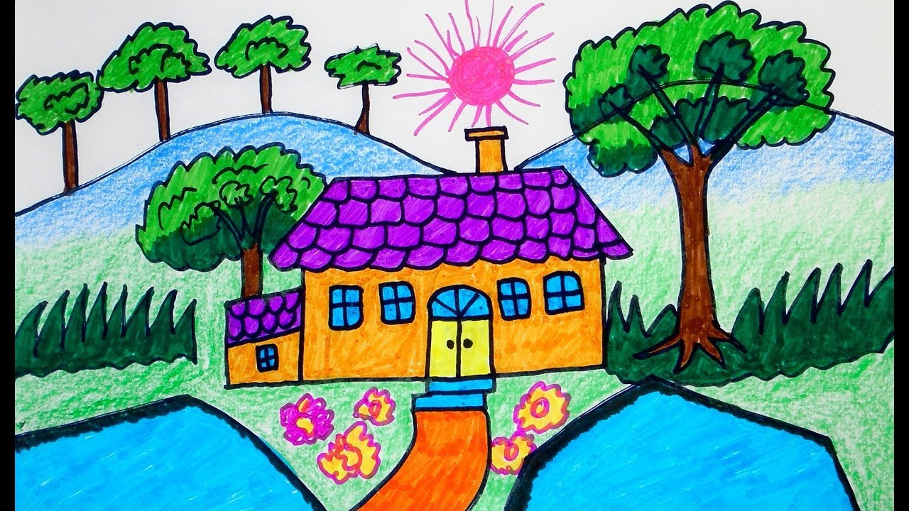 How to Draw scenery of House | Drawing for beginners | Learning Colors ...
