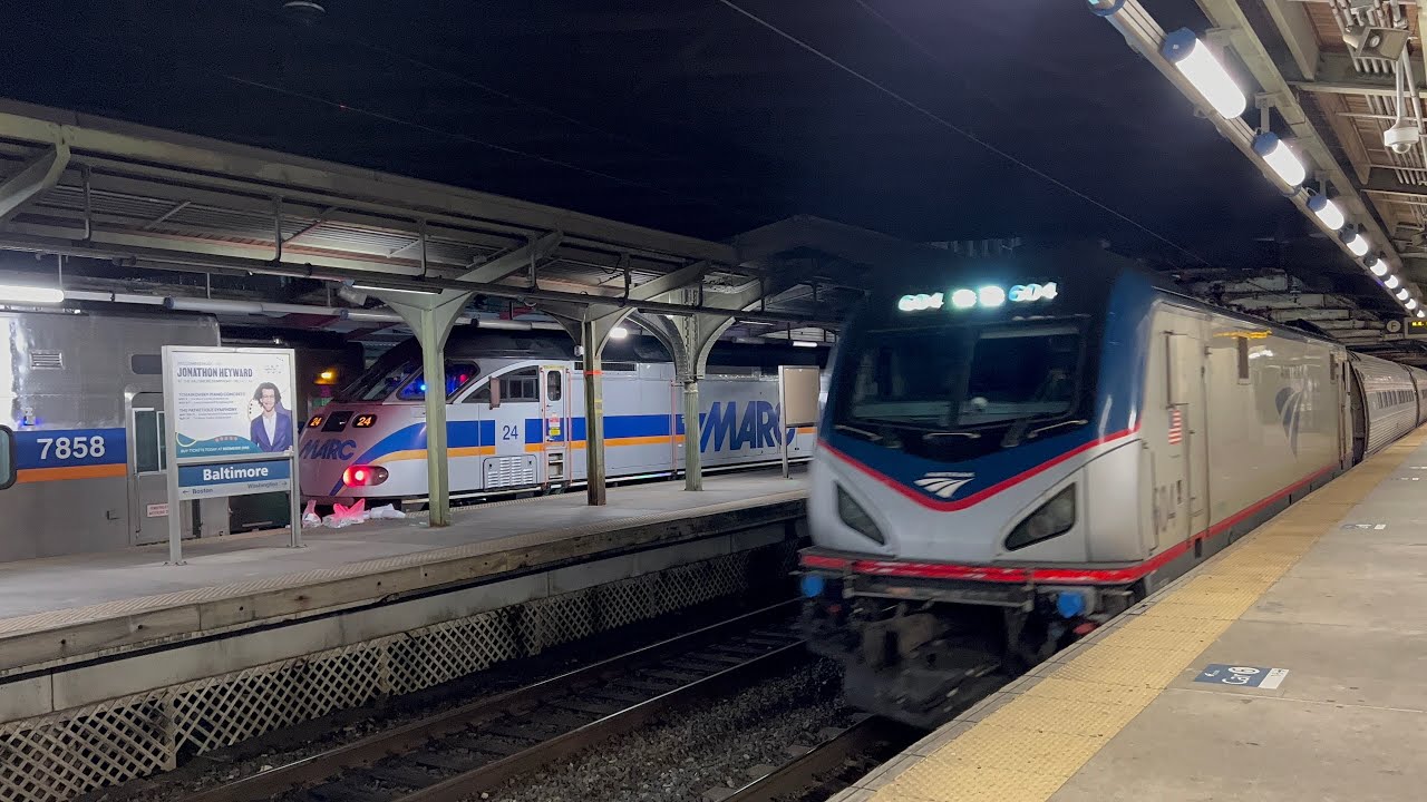 Amtrak 66 w/ ACS-64 #604 & Amfleet #82615/#82654 arriving at Baltimore ...