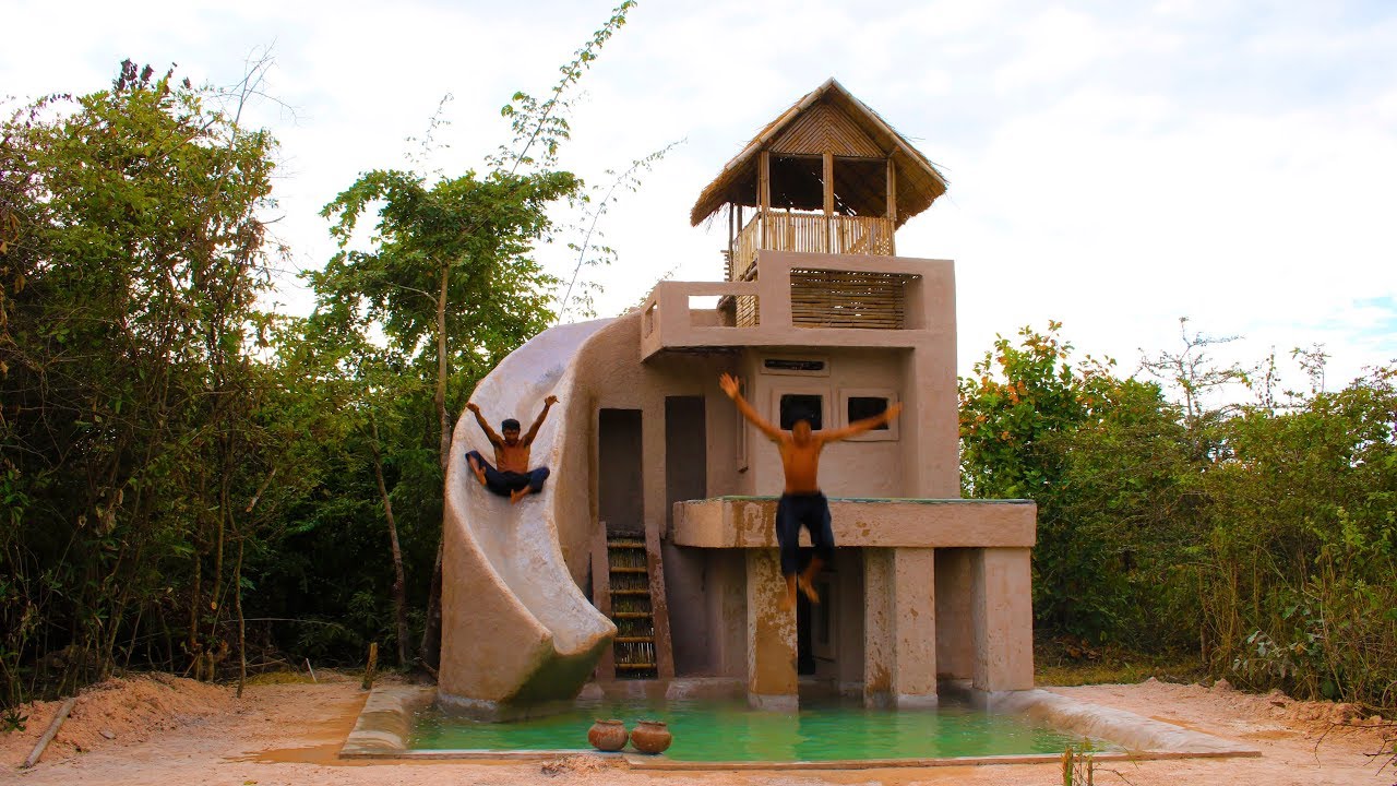 Build Water Slide Around Swimming Pool And Build Amazing Three Story ...