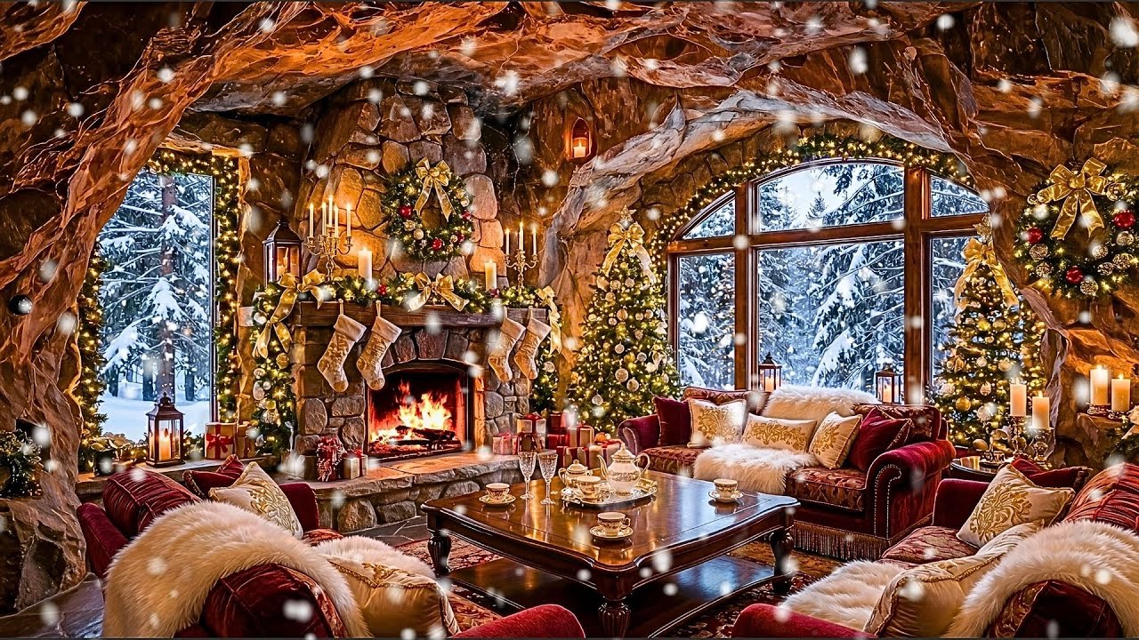 Cozy Christmas Cave Fireplace 🎄🔥 Winter Ambience with Snowfall & Chill ...