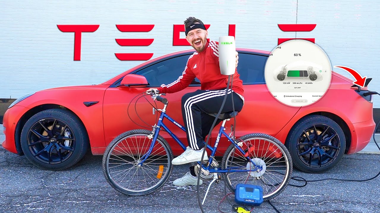 I Charged My Tesla With A BICYCLE!! (1,000 hours of biking) - YouTube