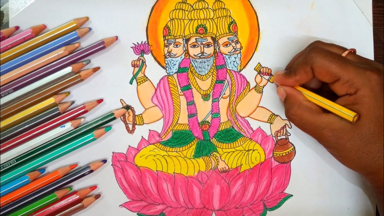 How to Draw Lord Bramha painting step by step /Drawing of Lord Brahma ...