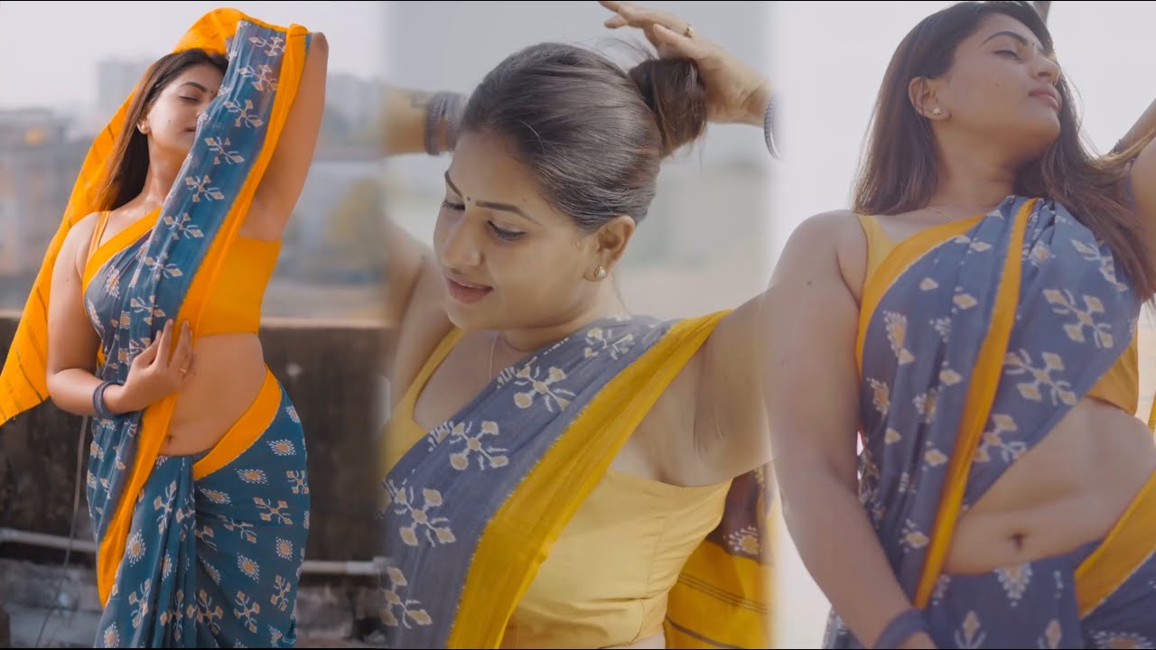 Nithya raj Hot Chiffon blue saree with yellow sleeves blouse Fashion Photoshoot Vertical Edit ...