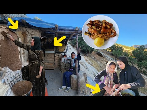 Mother and two daughters; building a shelter on top of a cliff and cooking next to a cave