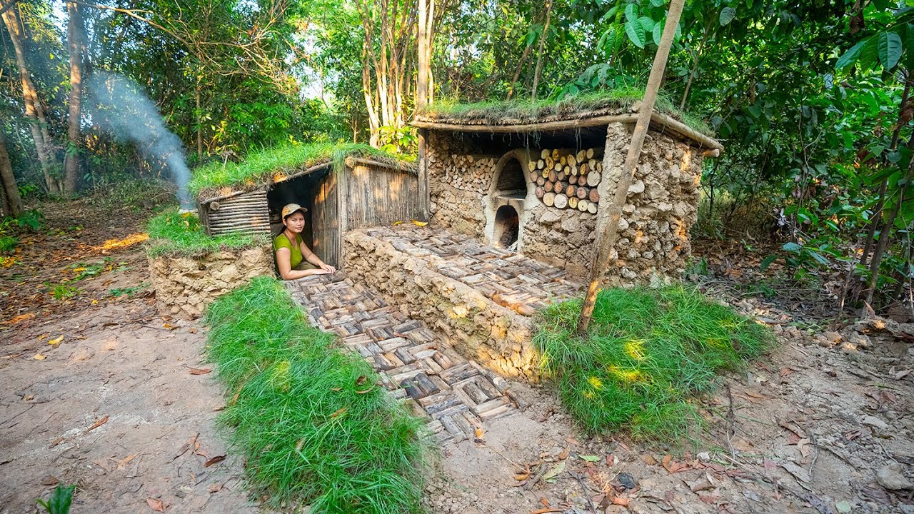 Building Survival Fireplace with Clay Oven And Wooden Brick For Rain ...