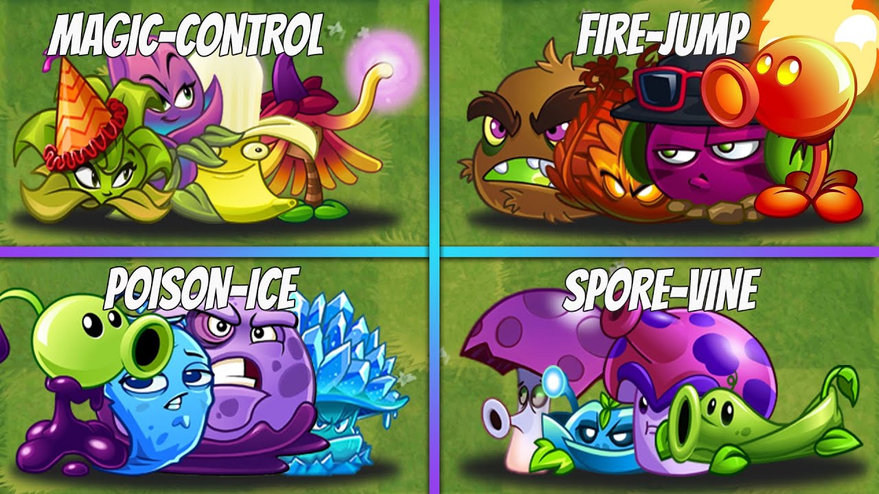 4 Team SPORE-VINE | MAGIC-CONTROL | POISON-ICE | FIRE-JUMP - PvZ 2 Team Plants Battlez - YouTube