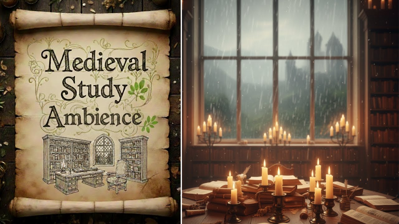 The Great Monastic Library 📚 Medieval Study Ambience | Rain on Stained ...