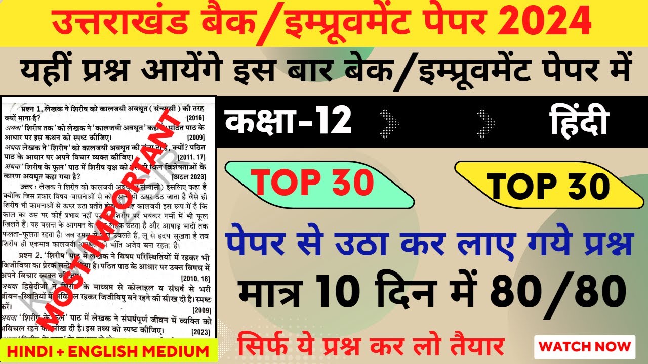 Class 12th Hindi Back/Improvement Question Paper UK Board 2024|Class 12 ...