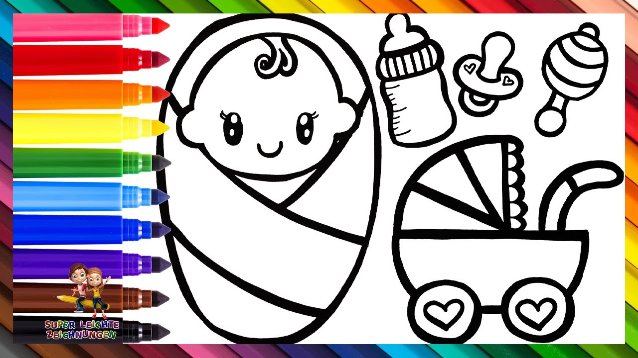 Zeichnen und Ausmalen eines Babys mit Zubehör 👶🍼🌈 Zeichnungen für ...