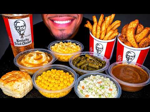 ASMR KFC SIDES MASHED POTATOES GRAVY CORN MAC & CHEESE WEDGES BISCUITS EATING SHOW MUKBANG