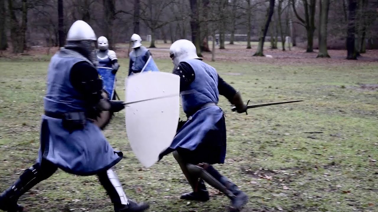 Stage combat with 14c Knights: Sword and buckler vs Sword and shield ...