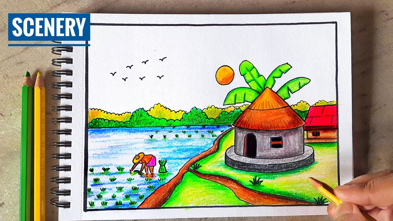 Easy Village scenery drawing / Paddy field drawing / Farmer drawing ...
