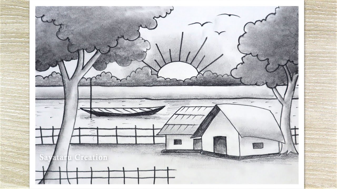 How to draw sunrise scenery with pencil, Sunset drawing pencil sketch ...