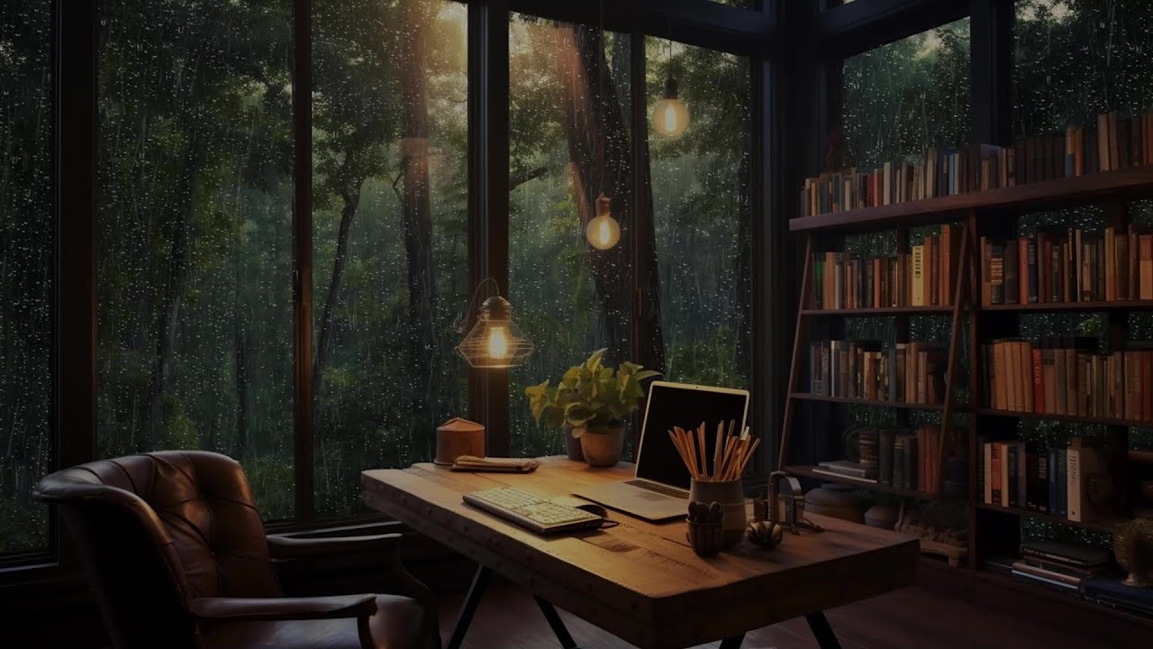 Embrace Focus and Calm with the Sound of Rain | Glasshouse Study Room with a Refreshing Forest ...
