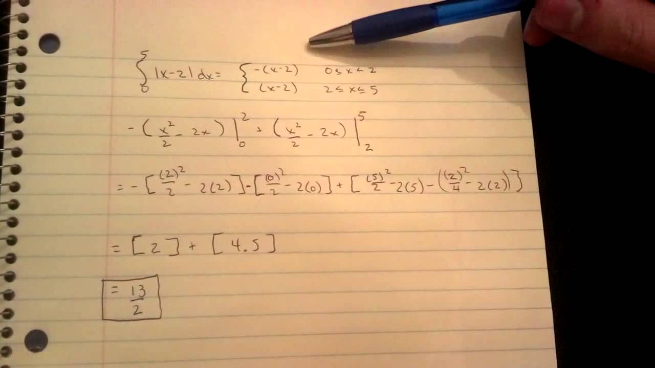 How to evaluate the definite integral of abs(x-2)dx from 0 to 5 - YouTube